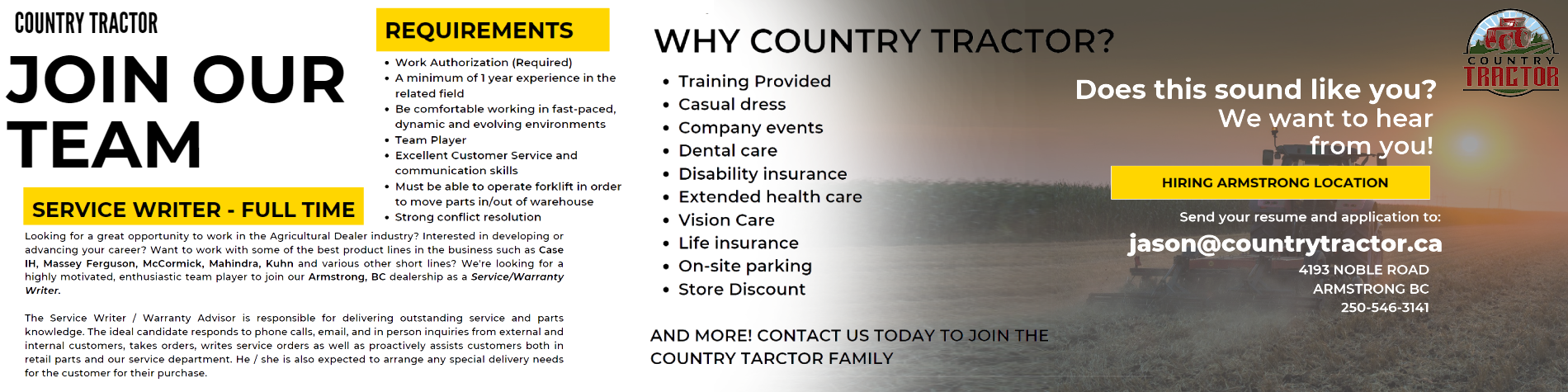 Service Writer | Country Tractor & Equipment | Armstrong British Columbia